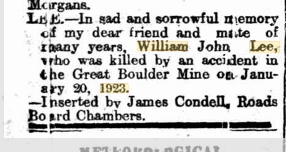 William John LEE - Western Australian Virtual Miners Memorial