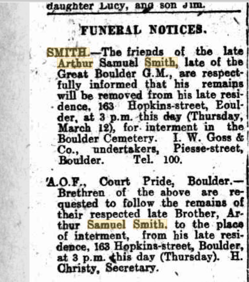 Arthur Samuel SMITH - Western Australian Virtual Miners Memorial