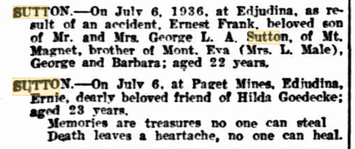 Ernest Frank SUTTON - Western Australian Virtual Miners Memorial