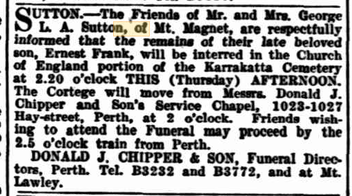 Ernest Frank SUTTON - Western Australian Virtual Miners Memorial
