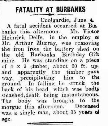 Henrich Victor William DELFS - Western Australian Virtual Miners Memorial