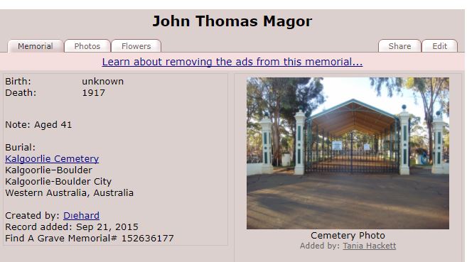 John Thomas “James” MAGOR - Western Australian Virtual Miners Memorial