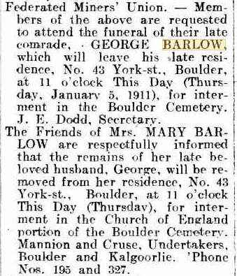 George Fortescue BARLOW - Western Australian Virtual Miners Memorial