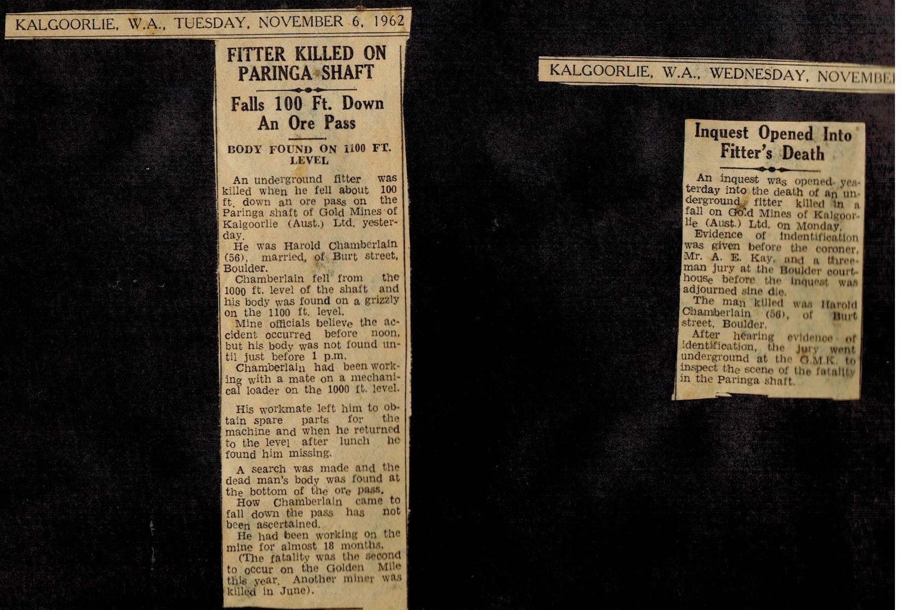 Harold CHAMBERLAIN - Western Australian Virtual Miners Memorial
