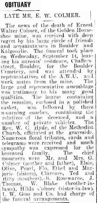 Ernest Walter “Ernie” COLMER - Western Australian Virtual Miners Memorial