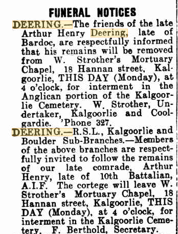Arthur Henry DEERING - Western Australian Virtual Miners Memorial