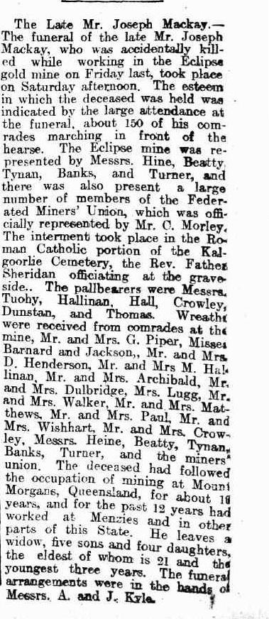Joseph Campbell MACKAY - Western Australian Virtual Miners Memorial