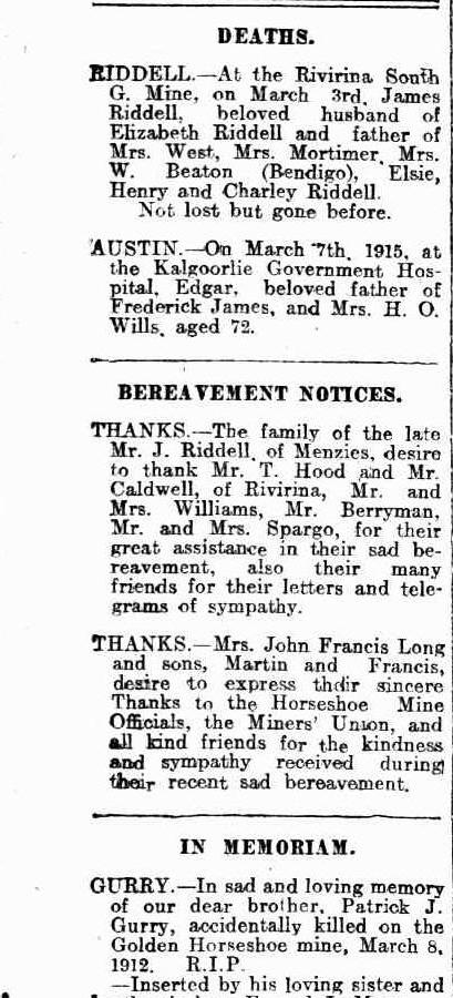 James Henry RIDDELL - Western Australian Virtual Miners Memorial