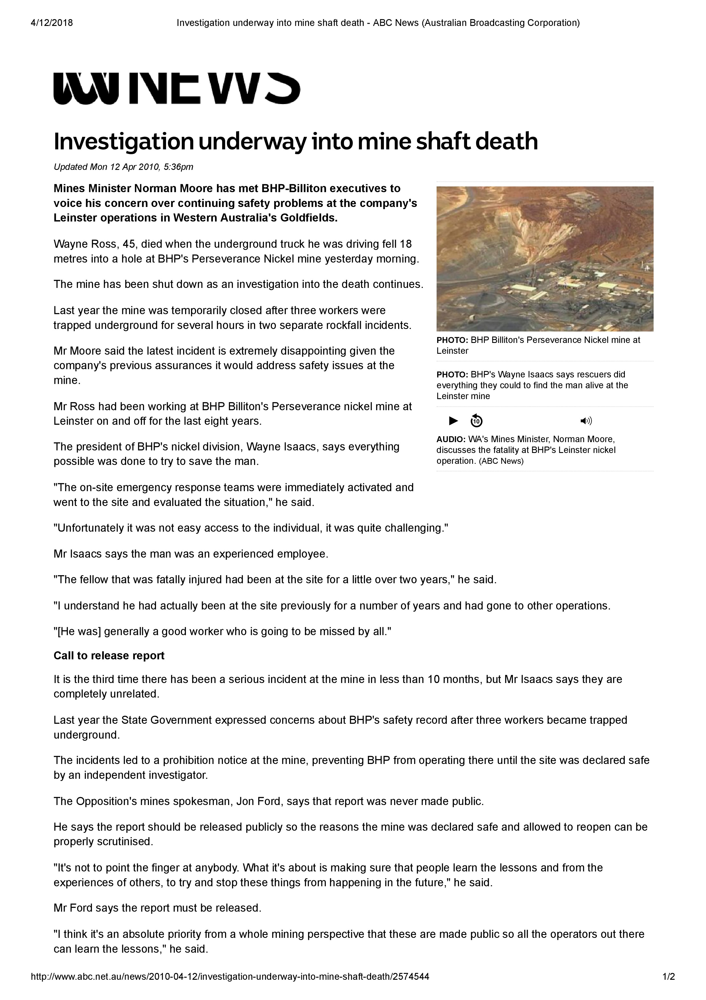 Wayne Lance ROSS - Western Australian Virtual Miners Memorial