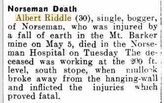 Albert RIDDLE - Western Australian Virtual Miners Memorial