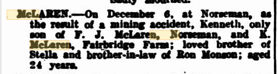 Kenneth McLAREN - Western Australian Virtual Miners Memorial