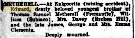 Edward METHERELL - Western Australian Virtual Miners Memorial