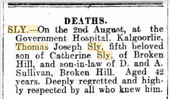 Thomas Joseph SLY - Western Australian Virtual Miners Memorial