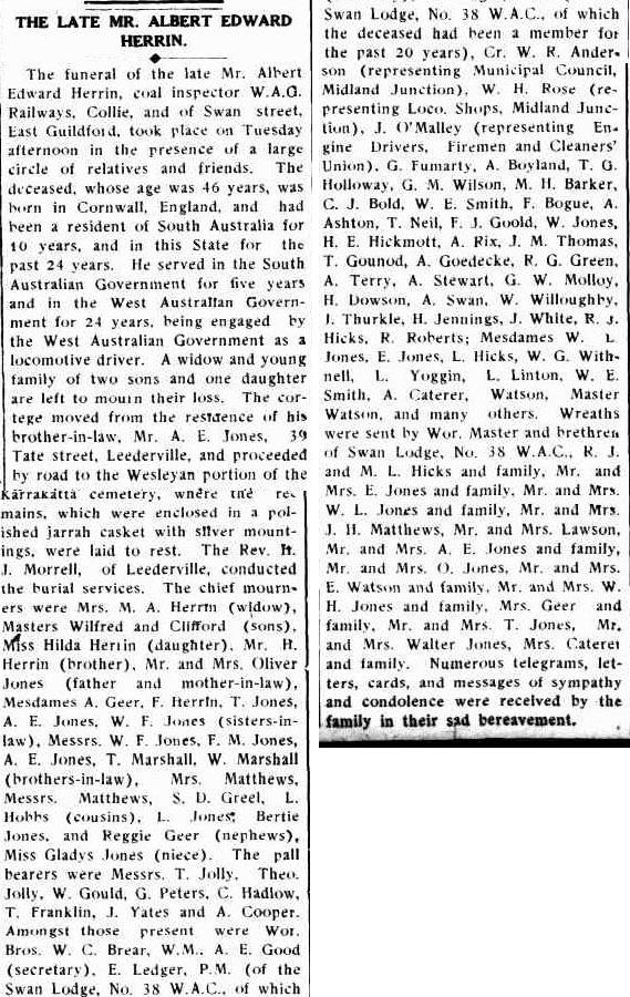 Albert Edward HERRIN - Western Australian Virtual Miners Memorial