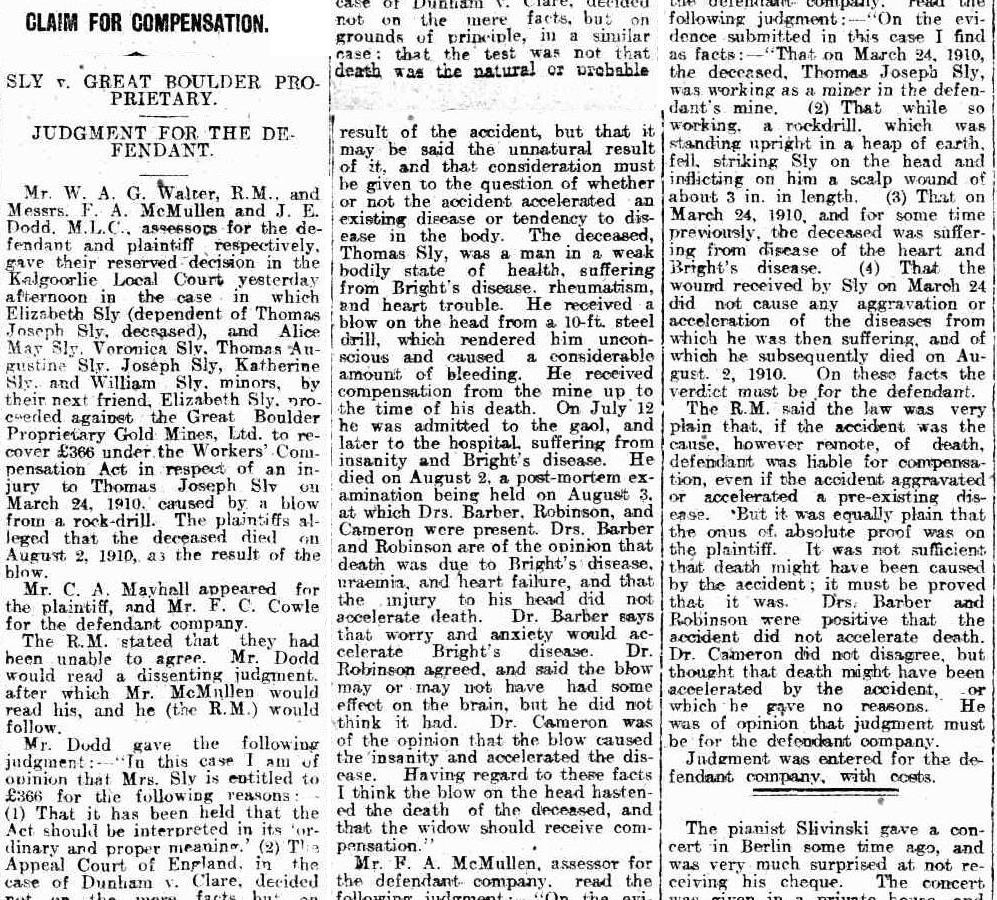 Thomas Joseph SLY - Western Australian Virtual Miners Memorial